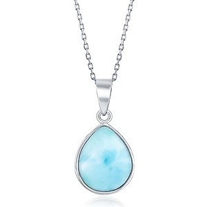 Beaux Bijoux Sterling Silver Blue Larimar Necklace for Women - Natural Larimar Jewelry - Blue Larimar Stones - 18 inch Pear Teardrop Pendant Necklace - Larimar Blue Necklaces for Women