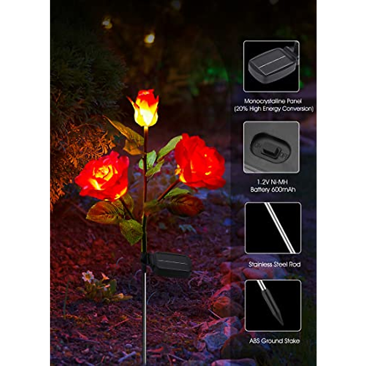 Solar Garden Lights - 4 Pack LED Solar Flower Lights with Larger & More Realistic Rose Flowers, Bigger Solar Panel, Waterproof Solar Outdoor Lights for Yard Patio Lawn Pathway Walkway Decoration