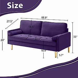 RXRRXY 67" Modern Velvet Loveseat Sofa Couch, Mid-Century Tufted Upholstered Small Love Seat Couch with 2 Pillows & 4 Golden Legs, 2-Seats Couches for Compact Space, Living Room, Apartment (Purple)