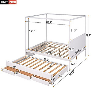 Queen Size Canopy Bed with Twin Size Trundle and Three Storage Drawers, Solid Wood Platform Bed Frame with Headboard, Slat Support Modern 4 Poster Bed for Kids, Teens, Adults (White)