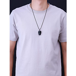 COAI Stainless Steel Chain Skull Black Obsidian Crystal Necklace 20"