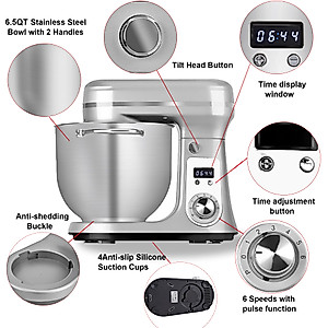 Biolomix Kitchen Electric Stand Mixer, 6-Speed Tilt-Head Food Mixer with 6.5-QT Stainless Steel Bowl, Dough Hook, Flat Beater, Whisk and Anti-Splash Cover (6.5-QT, Light Silver