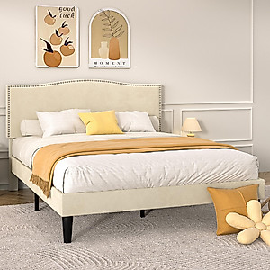 VECELO Queen Bed Frame Platform Bed Frame with Upholstered Headboard, Strong Frame and Heavy-Duty Slats Support, Non-Slip and Noise-Free, Easy Assembly,Beige