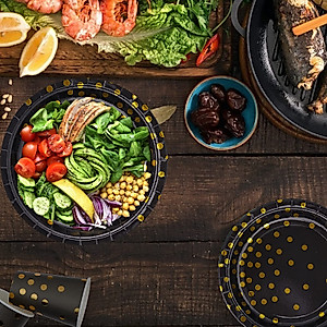 Black and Gold Party Supplies - 200PCS Disposable Black Paper Plates Dinnerware Set Gold Dots 50 Dinner Plates 50 Dessert Plates 50 Cups 50 Napkins Wedding Birthday Party Baby Shower Christmas