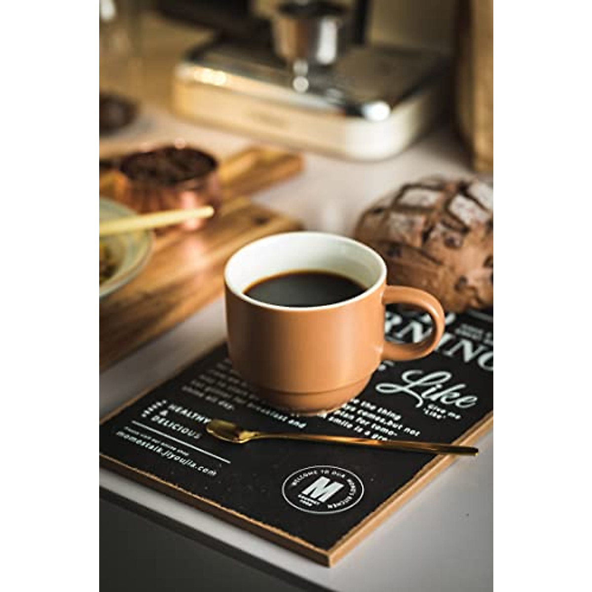 YHOSSEUN 11 Oz Coffee Mug Set Porcelain Stackable Mug with Stand and Metal Spoon - Tea Cups Demitasse Cups for Drinks, Espresso, Latte - Porcelain Stackable Coffee Mugs with Rack Set of 4, Brown