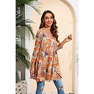 ENMAIN Women's Tunics Tops Plus Size Loose Fit 3/4 Sleeve Top Dressy Casual Swing Paisley Floral Orange Crewneck Hide Belly Tunic Tops to wear with Leggings