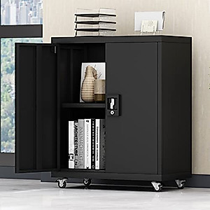 GEDELITE Metal Storage Cabinet with Wheels,Locking Cabinet with 1 Adjustable Shelf, Small Steel Storage Cabinet for Office,Home,Garage,Kitchen,Classroom,Black
