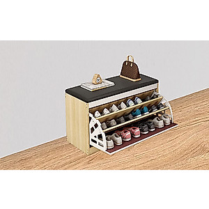 Baoz Oak Plank Shoe Storage Bench with Flip-Drawer Shoe Storage Cabinet, Padded Seat and Tipping Bucket Switch Shoe Cabinet Storage Bench,31.4'' L × 11.8'' W × 20'' H