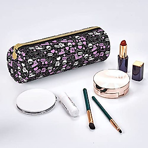 TumzfhQ Pencil Pouch Small Pen Case Pencil Bag Cylinder Leather Organizer Zipper Multi Function for Teen Girls Kids Office Women Skull Love