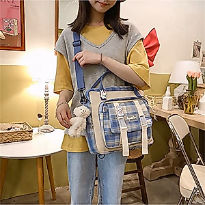 Tonecy Kawaii Bear Backpack for School, Japanese Aesthetic Backpacks for Teenager Girls, Back to School Handbag Backpack (Blue,with 3 Pins,1 Bear Pendant)