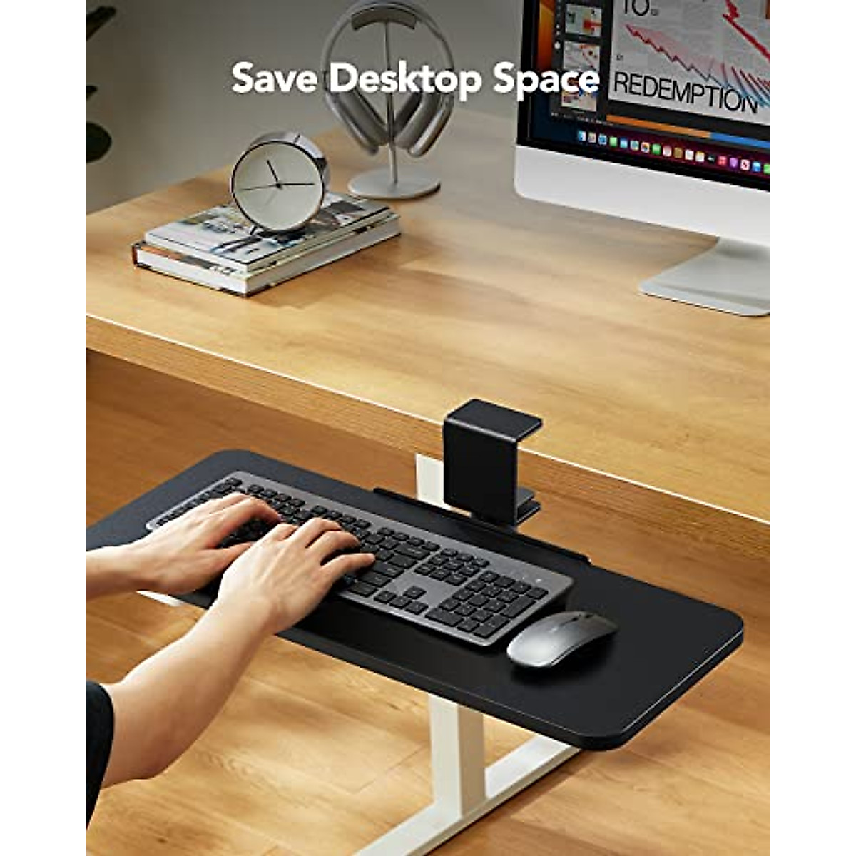 HUANUO Keyboard Tray Under Desk, 360 Rotating Keyboard Tray with Adjustable C Clamp, Ergonomic Keyboard Drawer Slide Out, No Drilling Computer Keyboard & Mouse Tray, 23.62" W x 9.84" D, Black