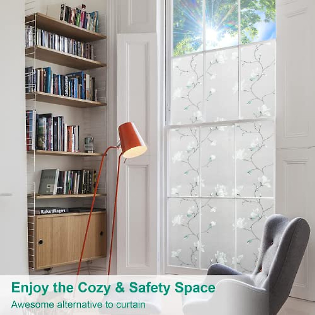 SUNBABY Magnolia Window Privacy Film: Stained Glass Window Film, Frosted Glass Window Film, Decorative Window Film, Window Cling Privacy Film