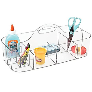 mDesign Plastic Portable Craft Storage Organizer Caddy Tote, Divided Basket Bin with Handle for Craft, Sewing, Art Supplies - Holds Paint Brushes, Colored Pencils, Stickers, Glue, X-Large - Clear