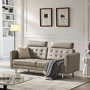 RXRRXY 72'' Top-Grain Loveseat Leather Sofa Couch, Modern Genuine Leather Love Seat Sofa Couch with Sofa Pillows and Classic Button Tufted Design for Living Room, Bedroom, Apartment (Beige)