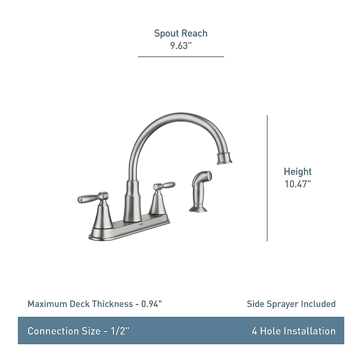 Moen Hutchinson Spot Resist Stainless 2-Handle High-Arc Kitchen Faucet with Side Sprayer, 87048SRS