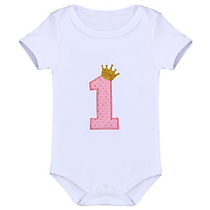 Baby Girls First Birthday Clothes One-piece Bodysuit 1st Crown Romper+Ruffle Tulle Skirt+Bowknot Headband 3PCS Set Toddler Infant Smash Cake Outfits for Casual Photo Shoot Pink Age 1 Year Old