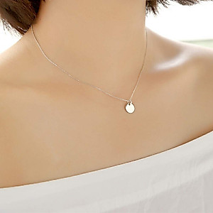 Round Coin Pendant Necklace for Women Girls 925 Sterling Silver 14K Gold Full Moon Minimalist Geometric Disk Circle Chain Delicate Choker Dainty Collar Jewelry Gifts Box (silver)