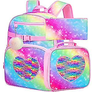 ZLYERT 3PCS Girls Backpack, Rainbow Kids Backpacks for Elementary Preschool Students, 16" Sequin Bookbag with Lunch Box for Girl