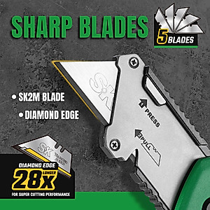 SK Folding Utility Knife with Additional Wire Cutter, Quick Change Box Cutter, Blade Storage in Handle, Extra 4 SK2M Blades Included