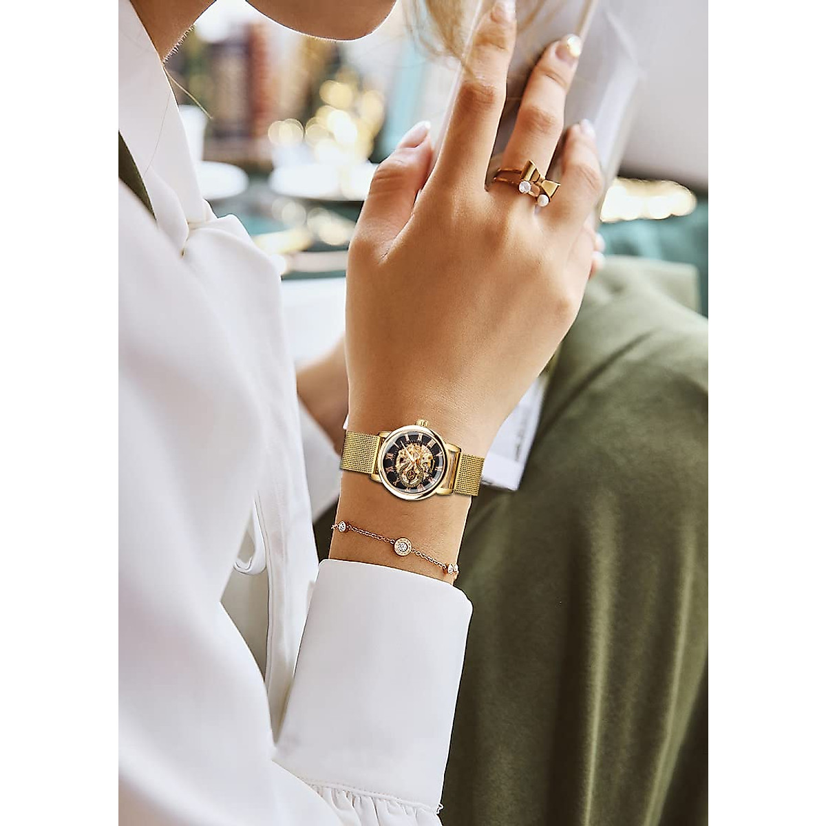 FORSINING Steampunk Watches Women's Skeleton Watch Golden Mechanical Watch for Women Minimalist Retro Design Staempunk Mechanical Skeleton Wrist Watch Transparent