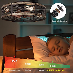 SHLUCE Farmhouse Flush Mount Caged Ceiling Fans with Lights, 6 Speeds, Rustic Low Profile Ceiling Fan with Light and Remote, Small Bladeless Ceiling Fans with Lights for Kitchen, Bedroom