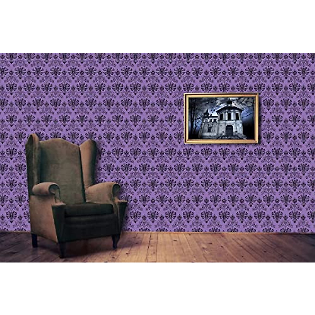 Removable Wallpaper Haunted Mansion, Peal and Stick Wall Decal, Haunted House Wall Covering, 1 Panel, W-136 (24" Wx120L, Purple, Black, White)