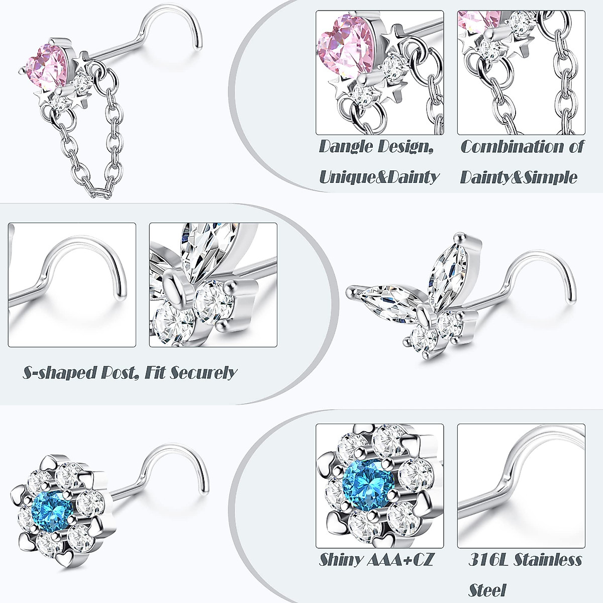 JOERICA 12Pcs 20G Dangle Nose Rings Nose Studs Corkscrew Dangle Nose Rings for Women Men Stainless Steel Nose Piercing Jewelry CZ Heart Moon Butterfly Nose Rings Studs Silver Tone