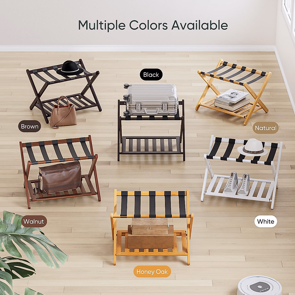 Semiocthome 2 Pack Fully Assembled Luggage Rack, Folding Suitcase Stand with Storage Shelf, Wood Suitcase Rack fit Most Luggage Size, Luggage Holders Stand for Guest Room Bedroom and Hotel (Wood