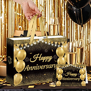 GOLDCROW Black Gold Anniversary Party Gift Bag with Tissue Papers and Card, Wedding Anniversary Paper Gift Wrapping Paper Bag11.8'' for Men Women Anniversary Party, Wedding Anniversary Party Supplies