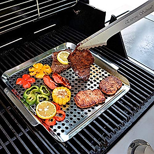 Grill Pan, Stainless Steel Grill Topper Heavy Duty BBQ Grill Wok with Handles Vegetables Grill Basket Outdoor Grill Accessories Cookware Grill Utensils for Barbecue Cooking