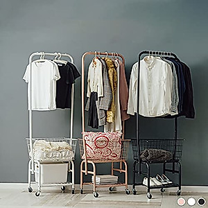 DZWYC Coat Rack Clothes Stand with Mesh Bottom Shelf Multi-Functional Clothes Rack on Wheels Metal Garment Rack with Mesh Storage Baskets Clothes Storage (Color : Black)
