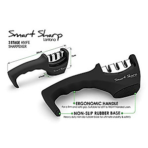 Lantana Smart Sharp Knife Sharpener - Professional 3 Stage Manual Sharpener for Sharpening Kitchen Knives - Ceramic Stone, Tungsten Carbide Plates, Diamond rods. Ergonomic Design, Black/Chrome Finish