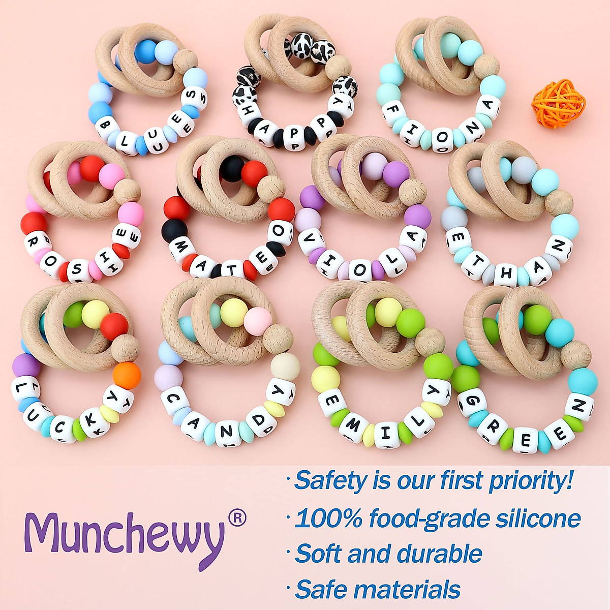 Munchewy Personalized Teether with Name, Customizable Silicone Sensory Chew Bracelet Rattle Ring with Natural Organic Beech Wood Teething Rings for Baby Girls Teether Toys(LightPink/Lilac)