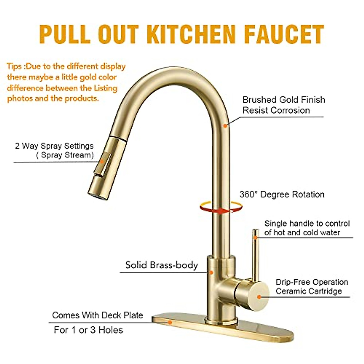 BESy Gold Single Handle Kitchen Sink Faucet with Pull Out Sprayer,Rv Kitchen Faucet with Pull Down Sprayer, 2 Function Laundry Faucet, Brass/Brushed Gold(1 or 3 Hole Mount)