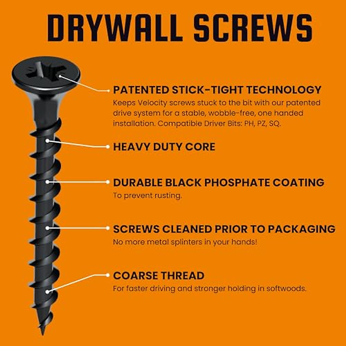 Velocity 1 1/4 Drywall Screw Set (Size #6) - Black Phosphate Coated and Stick-Tight™ PSD® ACR® Drive Bit (400 Count)