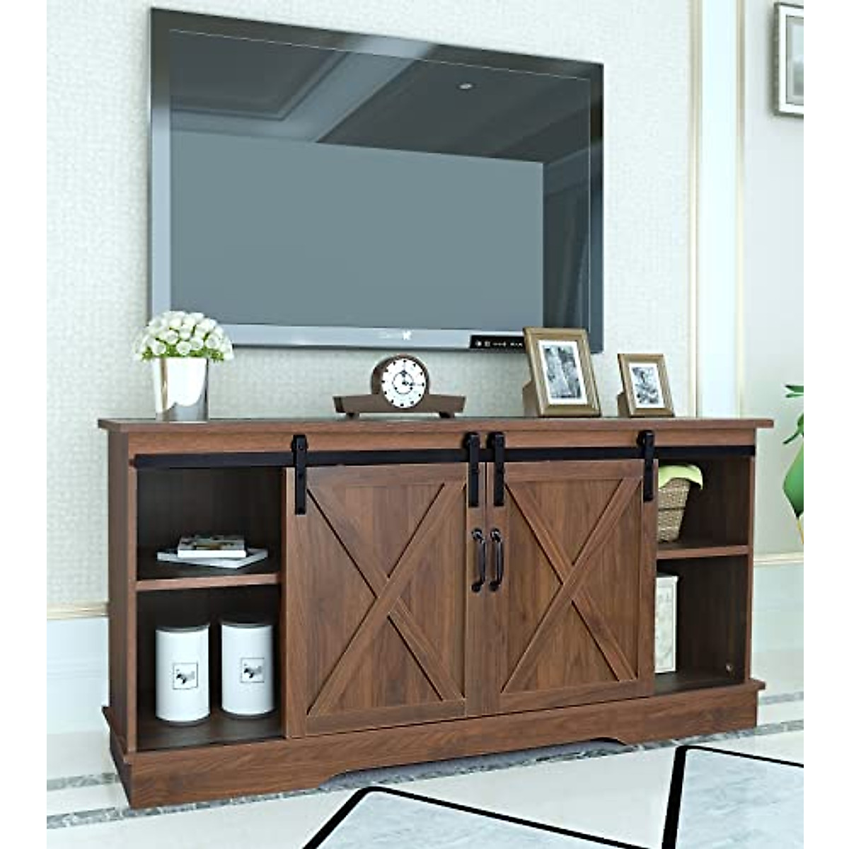 Rainbow Sophia Farmhouse Sliding Barn Door TV Stand for TVs up to 65 Inches, 58 Inch (Dark Walnut)