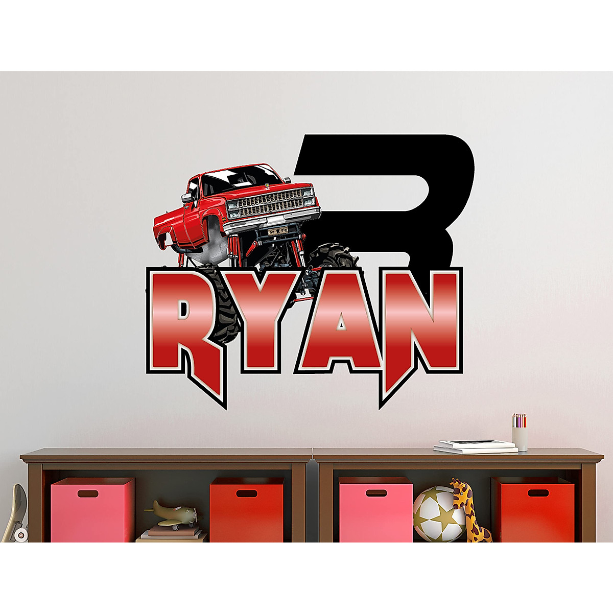 Personalized Monster Truck Wall Decals - Monster Truck Wall Stickers for Wall Decor - Monster Truck Room Decor for Boys - Monster Jam Wall Decals for Kids Bedroom - Customized Name Wall Decor