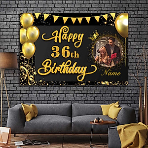Custom Happy 36th Birthday Decorations Banner -36 Years Old Birthday Decorations Backdrop for Women Men Boys Girls - Personalization Happy 36th Birthday Party Decorations Supplies - Black and Gold