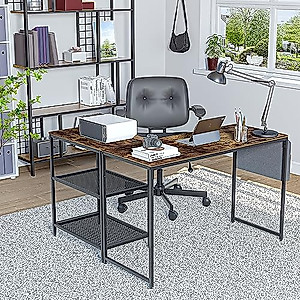 VECELO Computer Desk L Shaped Heavy Duty Home Office Table for Study/Gaming/Writing Room with Storage Bag and Shelf, Space-Saving Corner Workstation, 47" D x 19" W x 31" H, Rustic Brown