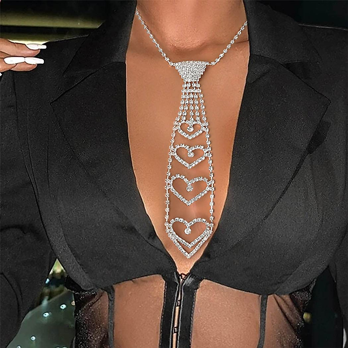 ELABEST Sparkly Rhinestone Necklace Silver Tie Gothic Diamond Choker Crystal Tennis Chain Wedding Bridal Bridesmaid Jewelry for Women (HEART)