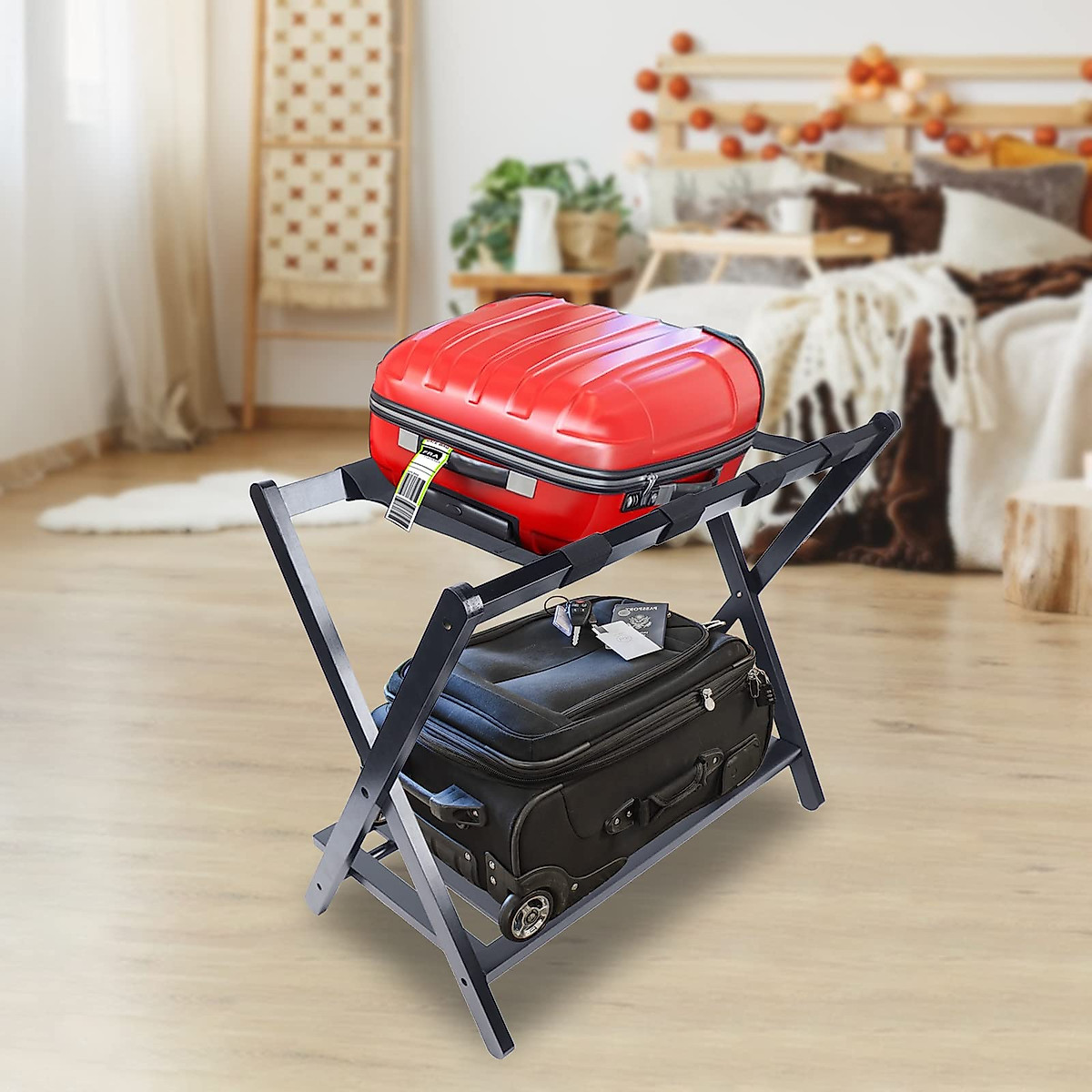 Luggage Rack with Shelf,New Luggage Baggage Rack Shoes Travel Suitcase Storage Shelf 68*40*58cm Foldable,Double Tiers Luggage Holder with Shoe Shelf,Luggage Stand for Bedroom,Guest Room,Hotel