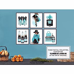 Blue Glam Wall Decor - Black African American Wall Decor - Designer Perfume, Shoes, Handbags - High Fashion Design Gift - Luxury Couture Wall Art Poster Set for Women, Teens, Girls Bedroom