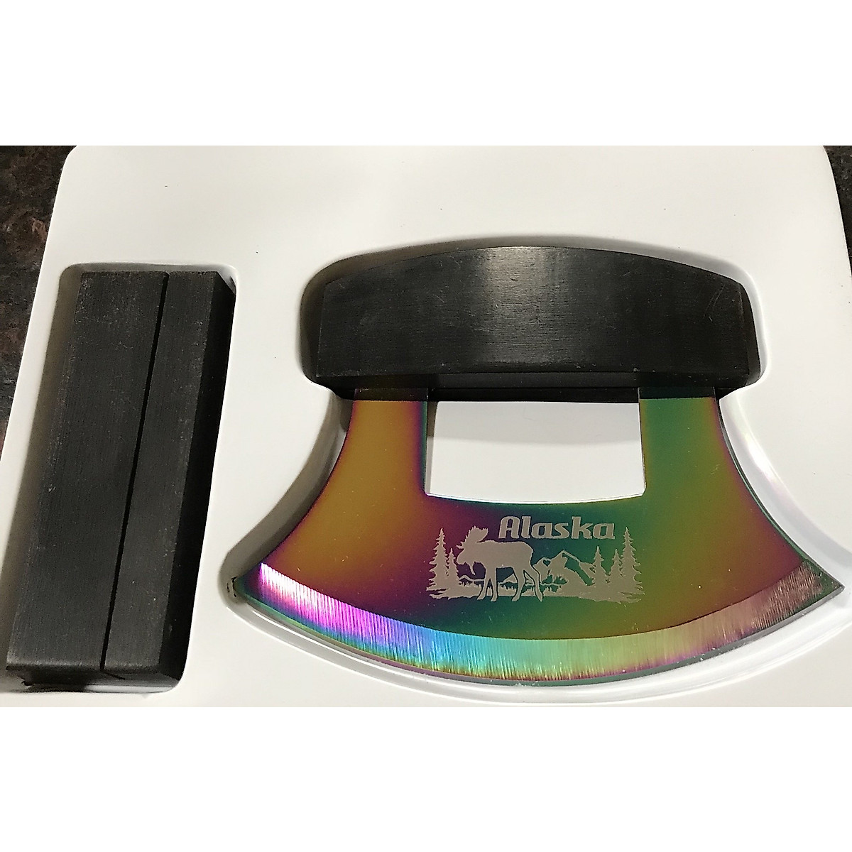 Alaska Alaskan Ulu Deep Dark Wood Handle Electroplated Blade Etched Moose Scene