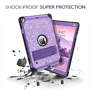 DUEDUE for iPad 9.7 Case 2017/2018, iPad Air 2 Case, iPad 6th/5th Generation Case with Kickstand Glitter Bling 3 in 1 Heavy Duty Hard PC Cover Shockproof Protective Case for iPad Pro 9.7, Purple