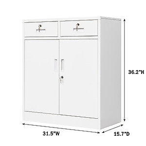 CMY Metal Storage Cabinet with Locking Doors and Adjustable Shelf, 36" H Steel Cabinet with Two Drawers, Locking Storage Cabinet for Office, Garage, Home-White