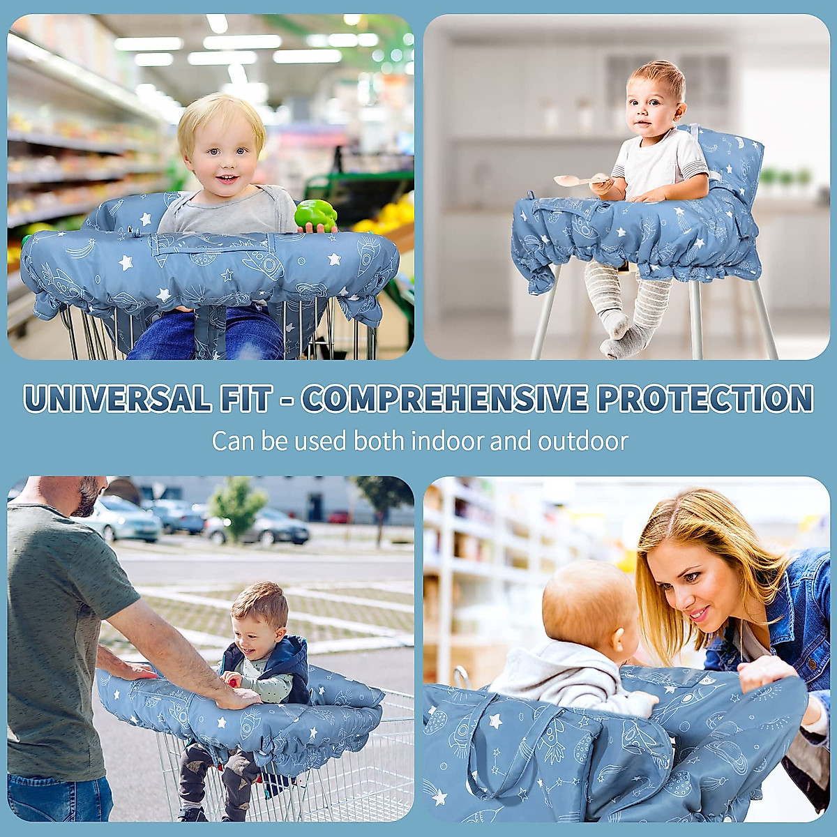 Yoofoss Shopping Cart Cover for Baby, 2-in-1 High Chair Cover with Safety Harness, Multifunctional Cart Covers for Babies, Universal Fit, Soft Padded Grocery Cart Cover for Baby Boy Girl - Blue