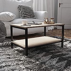 Flash Furniture Finley 2-Tier Rectangular Coffee Table - Modern Engineered Driftwood Finish Top - Black Steel Tube Frame - Lower Shelf