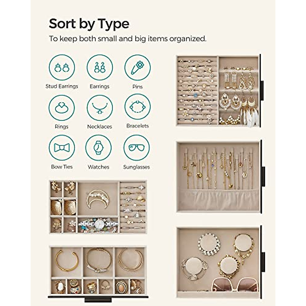 SONGMICS Jewelry Box with Glass Window, 5-Layer Jewelry Organizer with 3 Side Drawers, Jewelry Storage, with Vertical Storage Space, Big Mirror, Modern Style, Graphite Black and Silver UJBC162B01