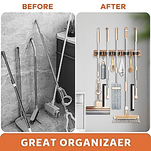 IMILLET Broom Holder Wall Mount, Wood Broom Holder with 5 Racks and 4 Hooks Broom Organizer, Laundry Room Organization and Storage, Mop Holder for Home Organization, Garden, Garage, Kitchen, Closet