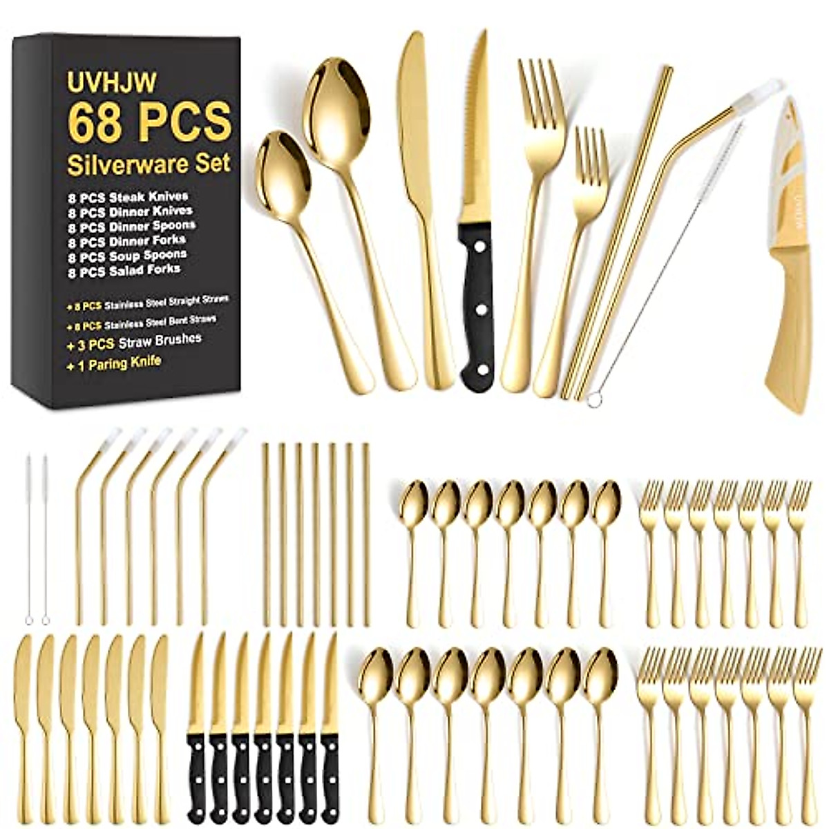 68-piece Gold Silverware Set with Steak Knife, Service for 8, Stainless Steel flatware Cutlery Set with Metal Straw Drinking Set, Mirror Polished Fork Spoon Knife Set Eating Utensils Tableware
